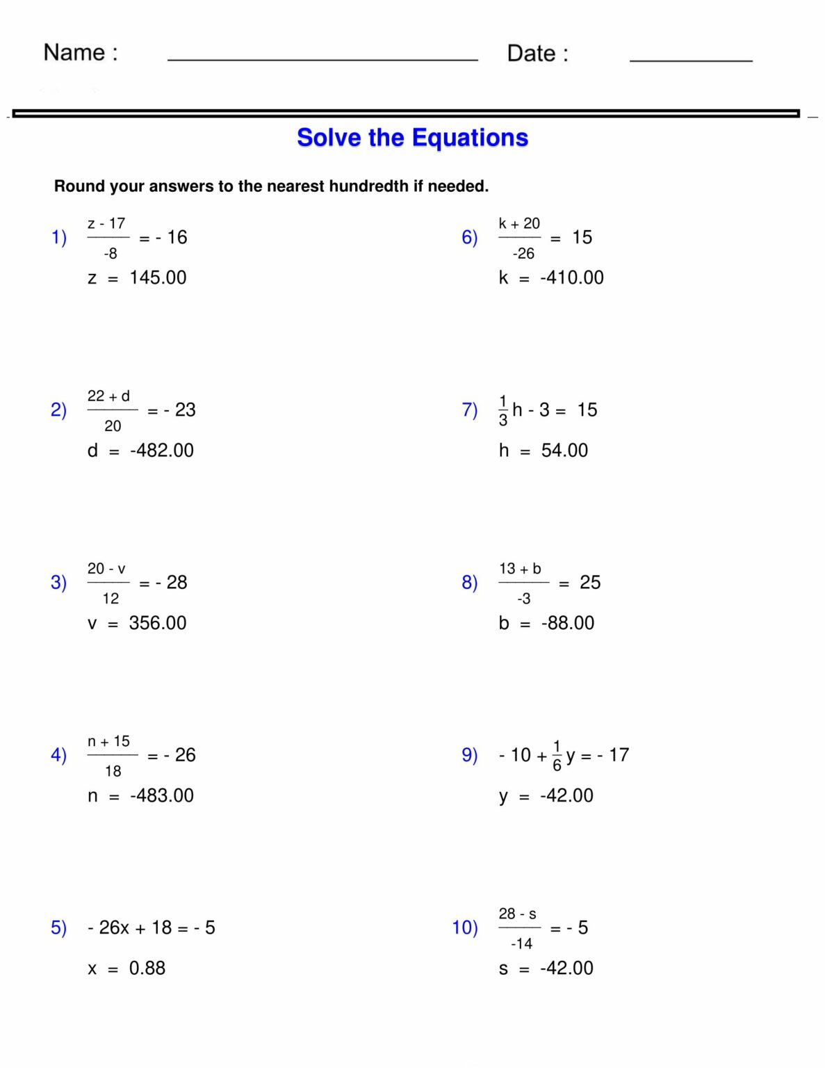 Pre-Algebra - Equations - Two Step Equations Containing Integers ...
