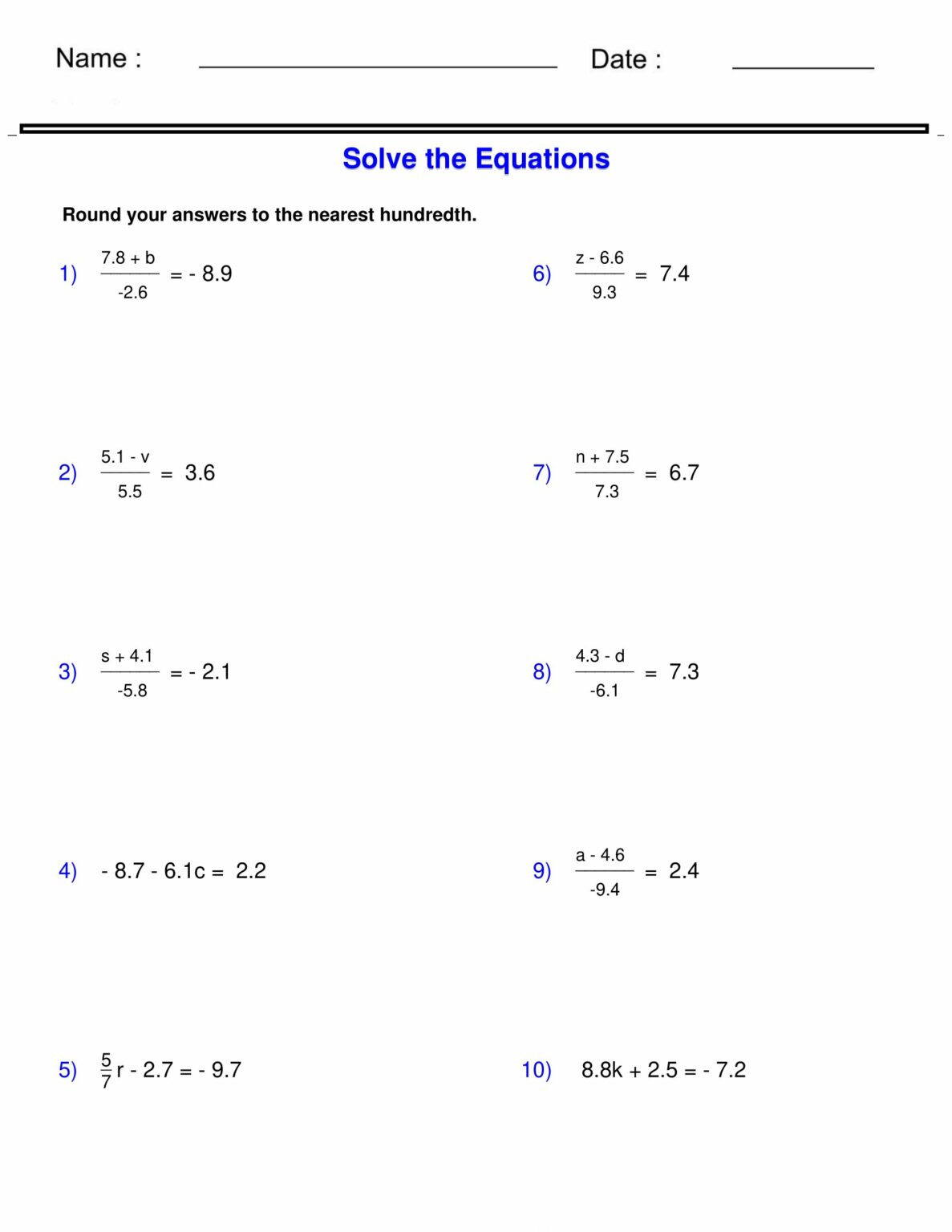 Pre-Algebra - Equations - Two Step Equations Containing Decimals ...