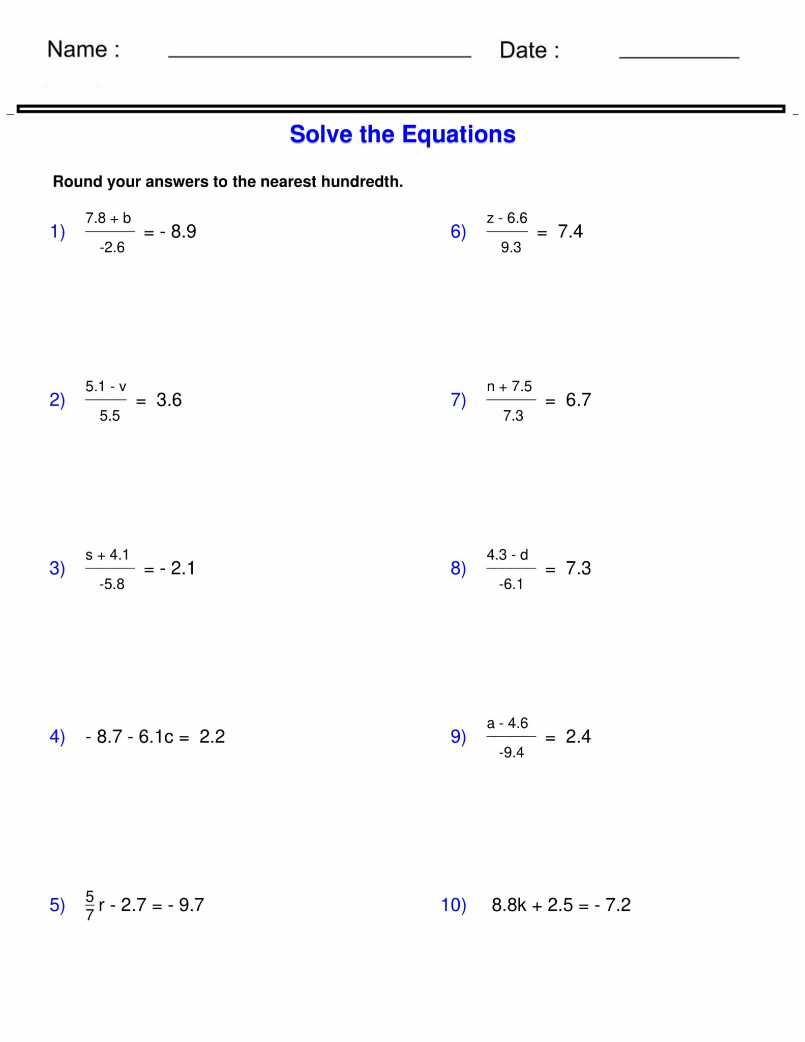 Pre-Algebra - Equations - Two Step Equations Containing Decimals ...