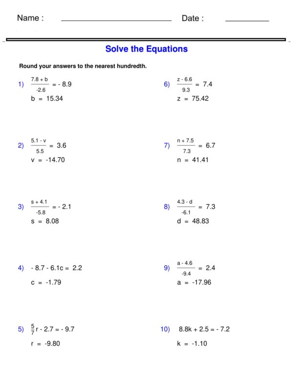 Pre-Algebra - Equations - Two Step Equations Containing Decimals ...