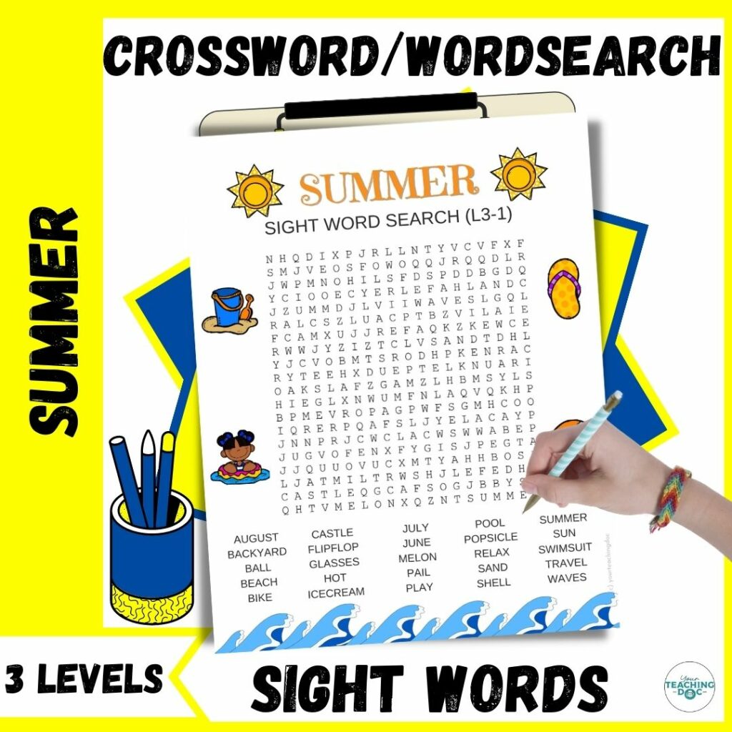 Summer Crossword / Word Search Sight Word Puzzle Worksheets | Made By ...