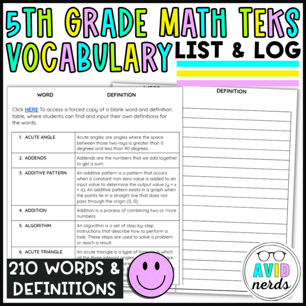 5th grade Math TEKS Vocabulary List with Definitions and Log | Made By ...