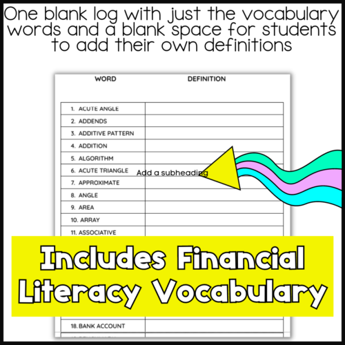 5th grade Math TEKS Vocabulary List with Definitions and Log | Made By ...