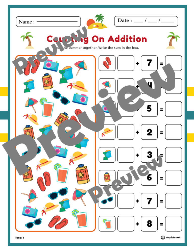 Summer Counting on Addition Worksheets : Summer-themed Counting on ...
