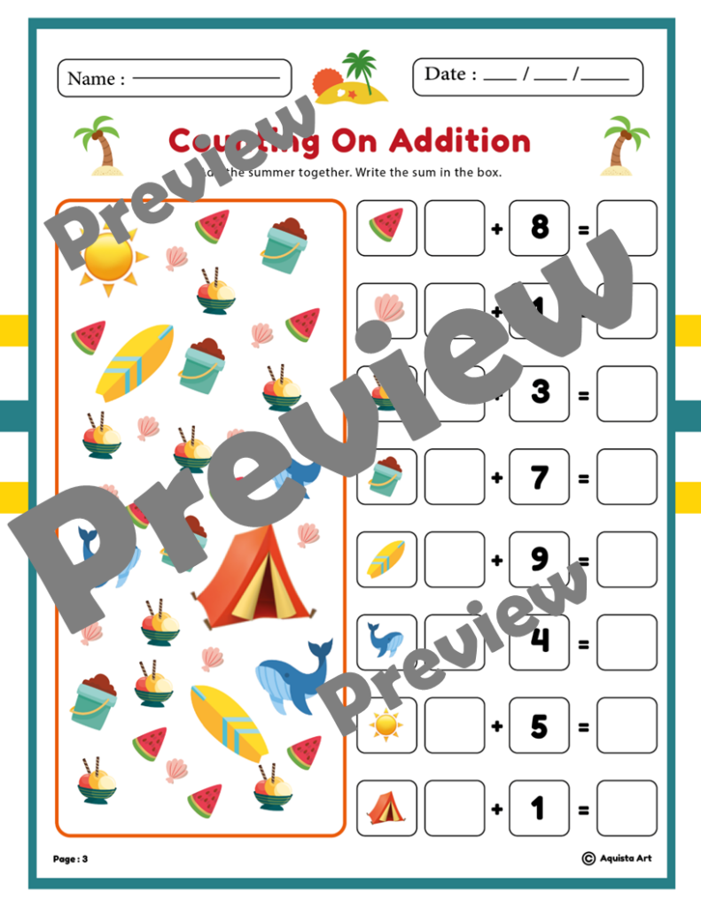 Summer Counting on Addition Worksheets : Summer-themed Counting on ...