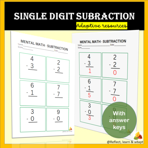 Adaptive Resources | Single Digit Subtraction Worksheets | Made By Teachers