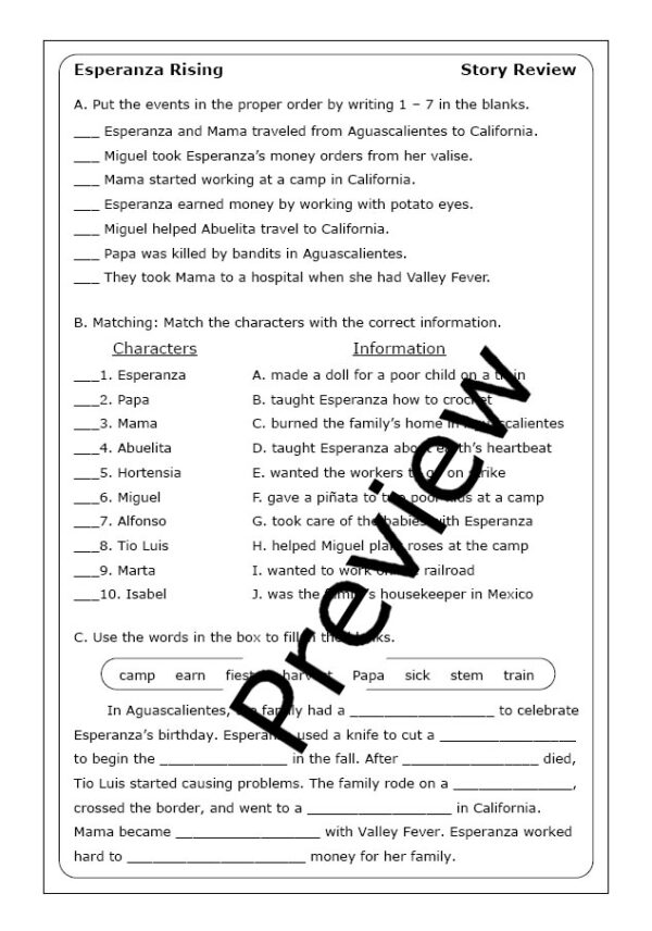 Pam Muñoz Ryan "Esperanza Rising" worksheets | Made By Teachers