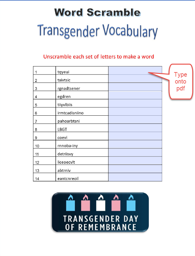 Transgender Word Scramble Digital and Print | Made By Teachers