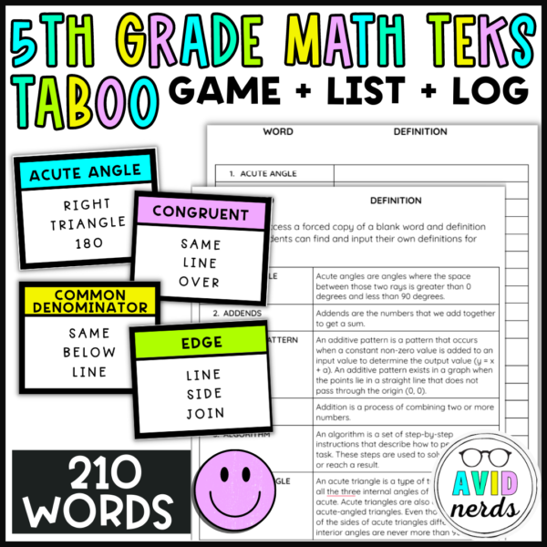 5th grade Math TEKS Vocabulary Game / List with Definitions and Log ...