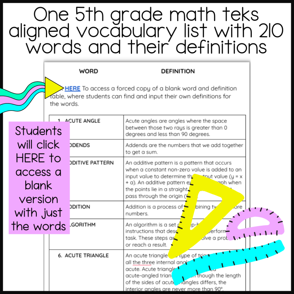 5th grade Math TEKS Vocabulary Game / List with Definitions and Log ...