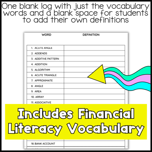 5th grade Math TEKS Vocabulary Game / List with Definitions and Log ...