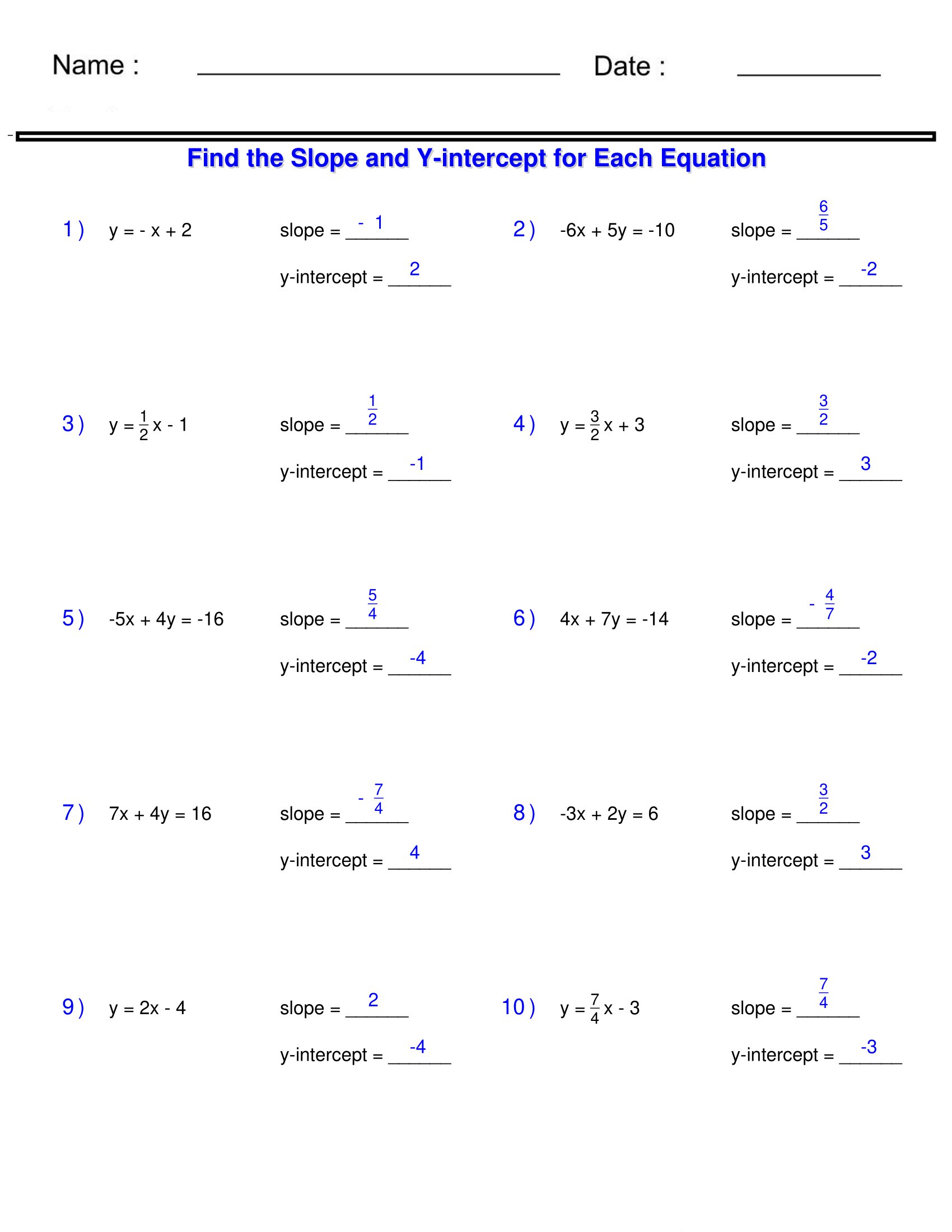 Linear Functions - Finding Slope and Y-intercept from an Equation ...
