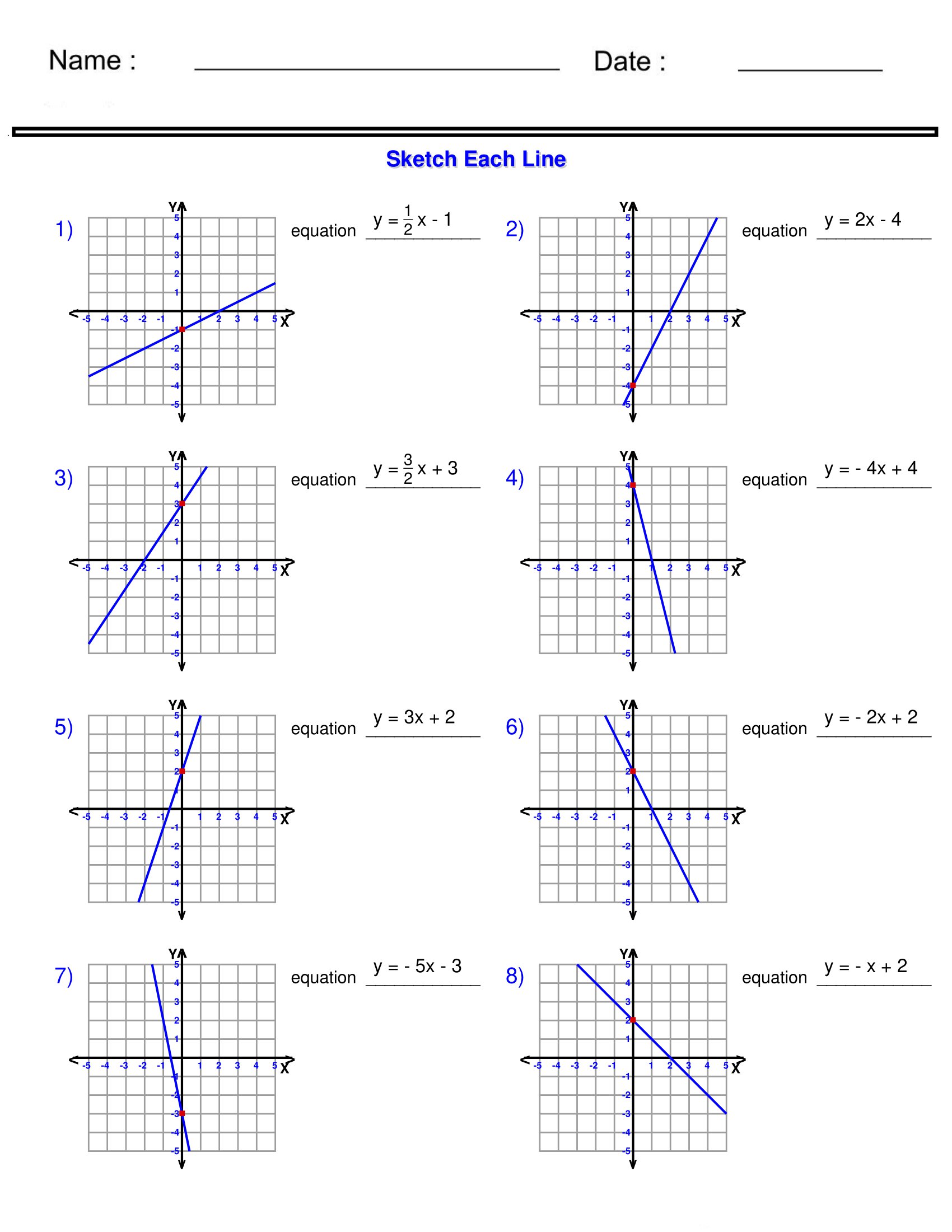 Linear Functions - Graphing Lines in Slope-Intercept Form Worksheets ...