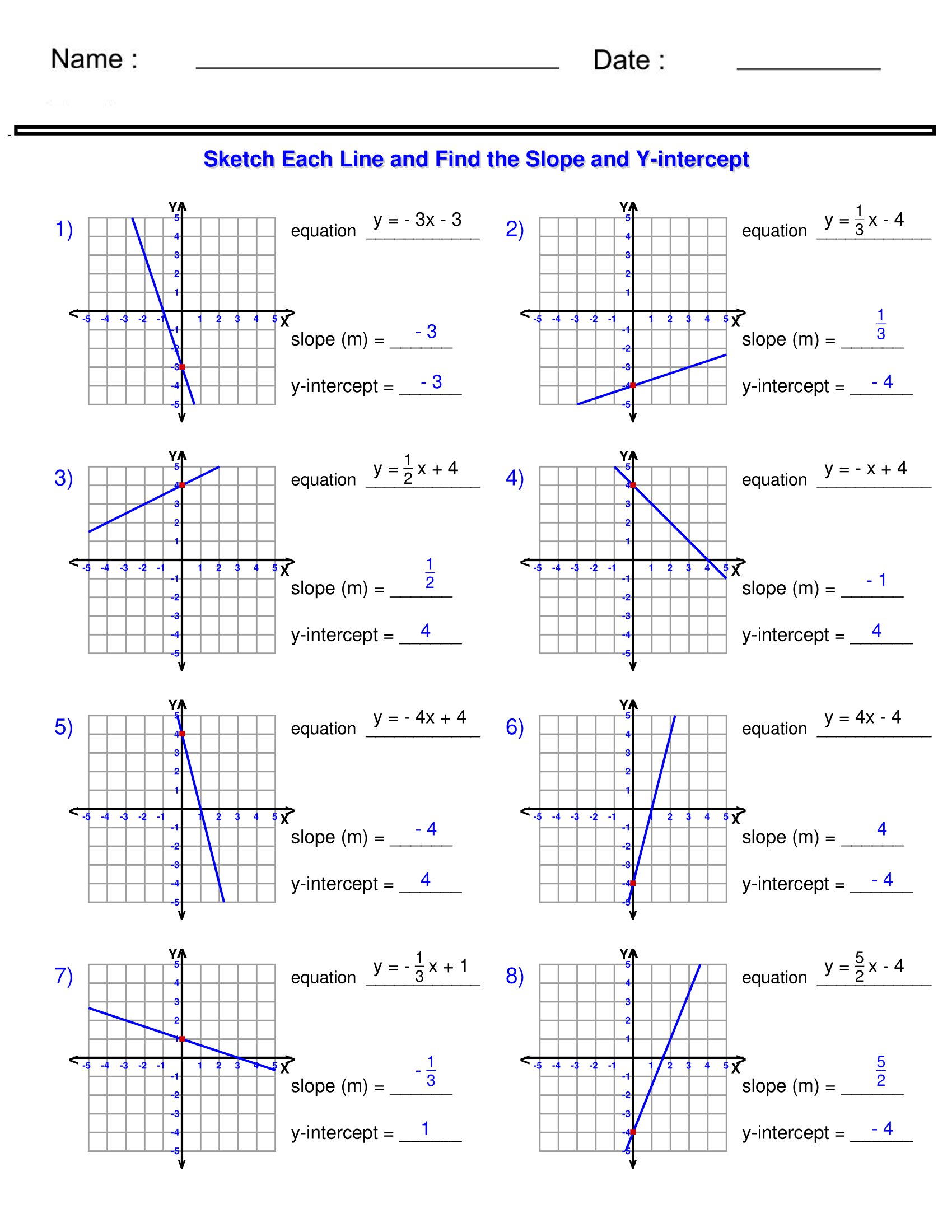 Linear Functions - Graphing Lines in Slope-Intercept Form Worksheets ...