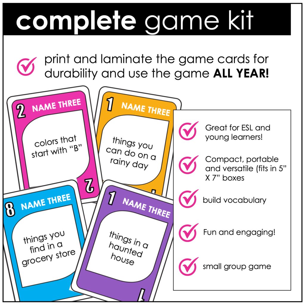 Vocabulary Building Card Game: Name Three Things Prompts for ESL & ELL ...