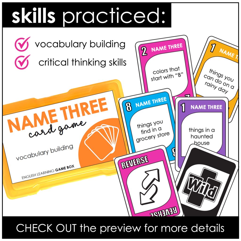 Vocabulary Building Card Game: Name Three Things Prompts for ESL & ELL ...