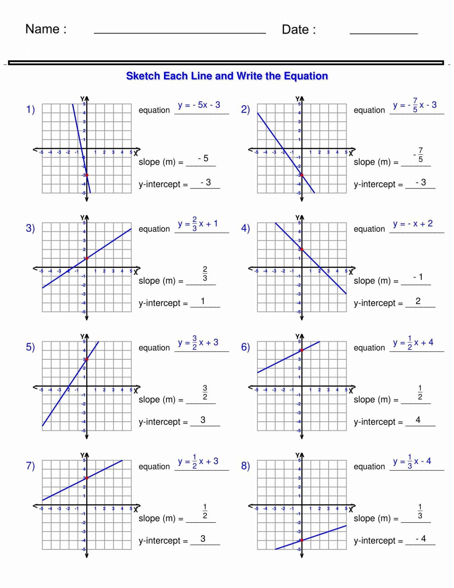 Linear Functions - Graphing Lines in Slope-Intercept Form Worksheets ...