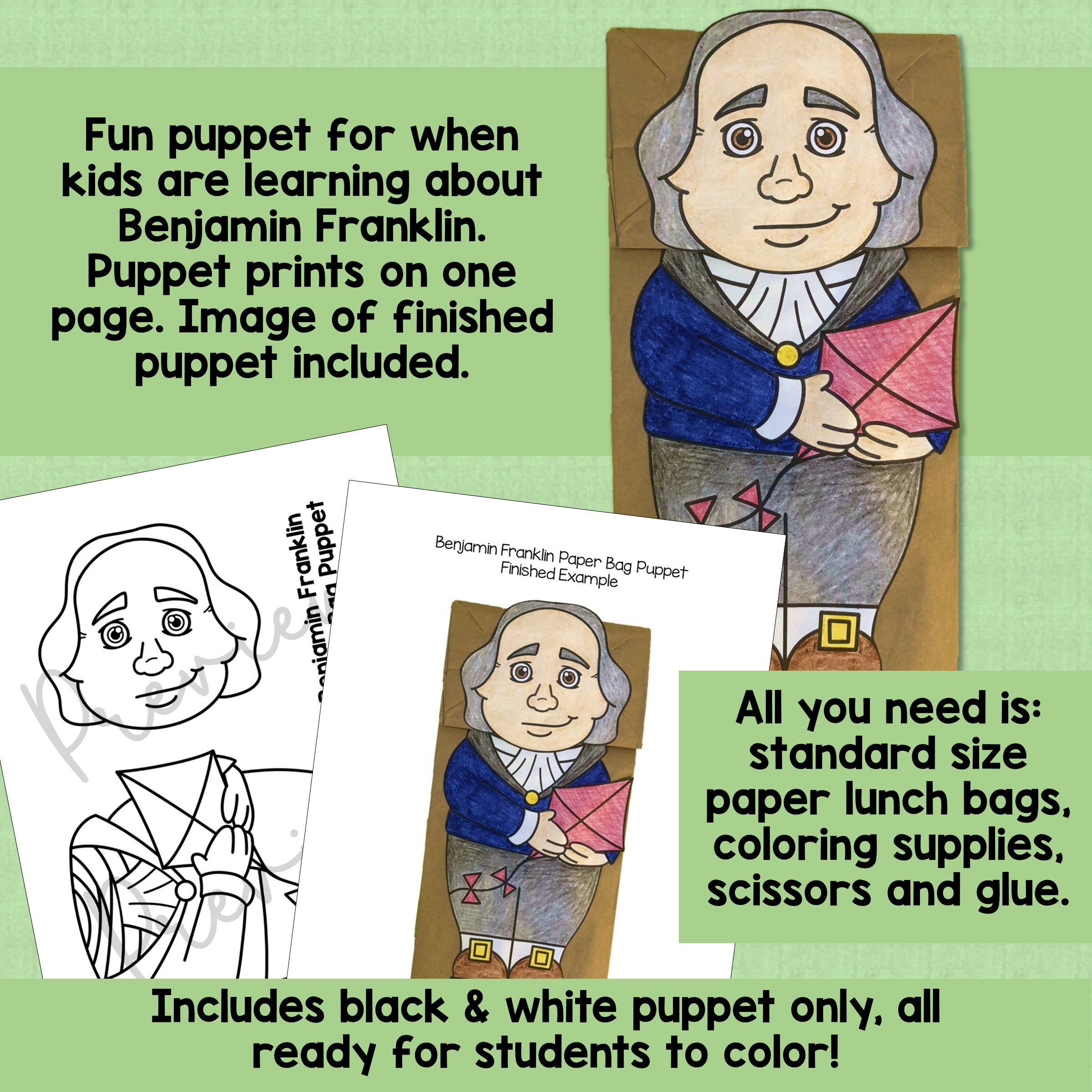 Benjamin Franklin History Craft | Paper Bag Puppet Craft Activity ...