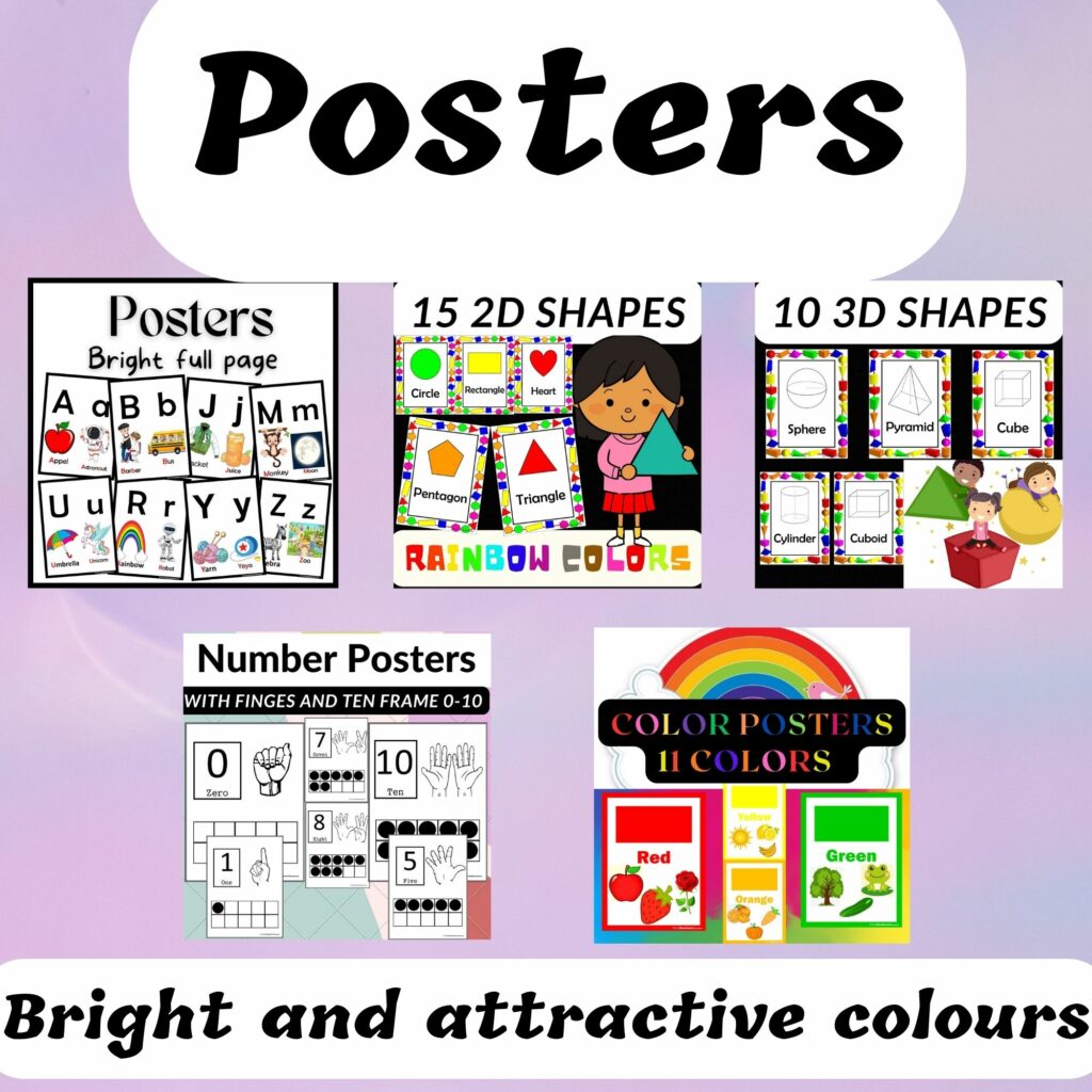posters and flashcards bundle numbers shape color alphabet classroom ...