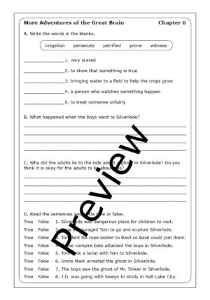 John D. Fitzgerald "More Adventures of the Great Brain" worksheets ...
