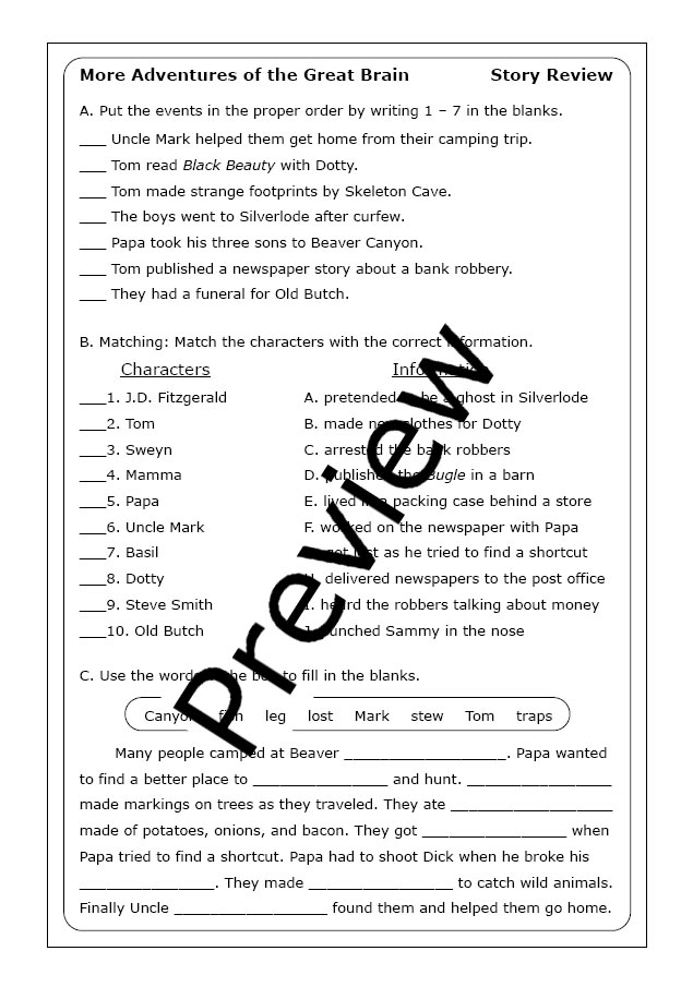 John D. Fitzgerald "More Adventures of the Great Brain" worksheets ...
