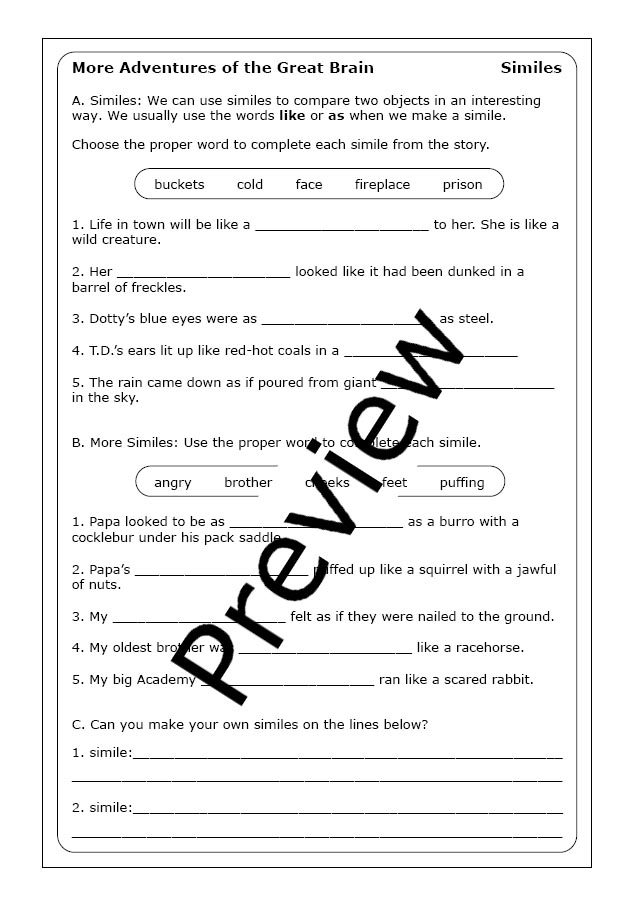 John D. Fitzgerald "More Adventures of the Great Brain" worksheets ...