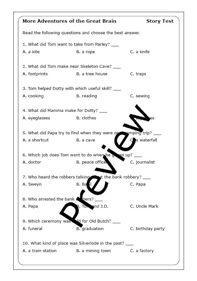 John D. Fitzgerald "More Adventures of the Great Brain" worksheets ...