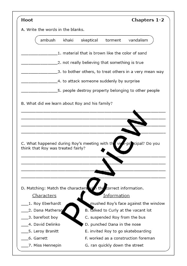 Carl Hiaasen "Hoot" worksheets | Made By Teachers