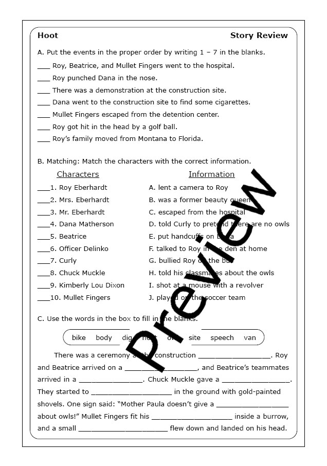 Carl Hiaasen "Hoot" worksheets | Made By Teachers