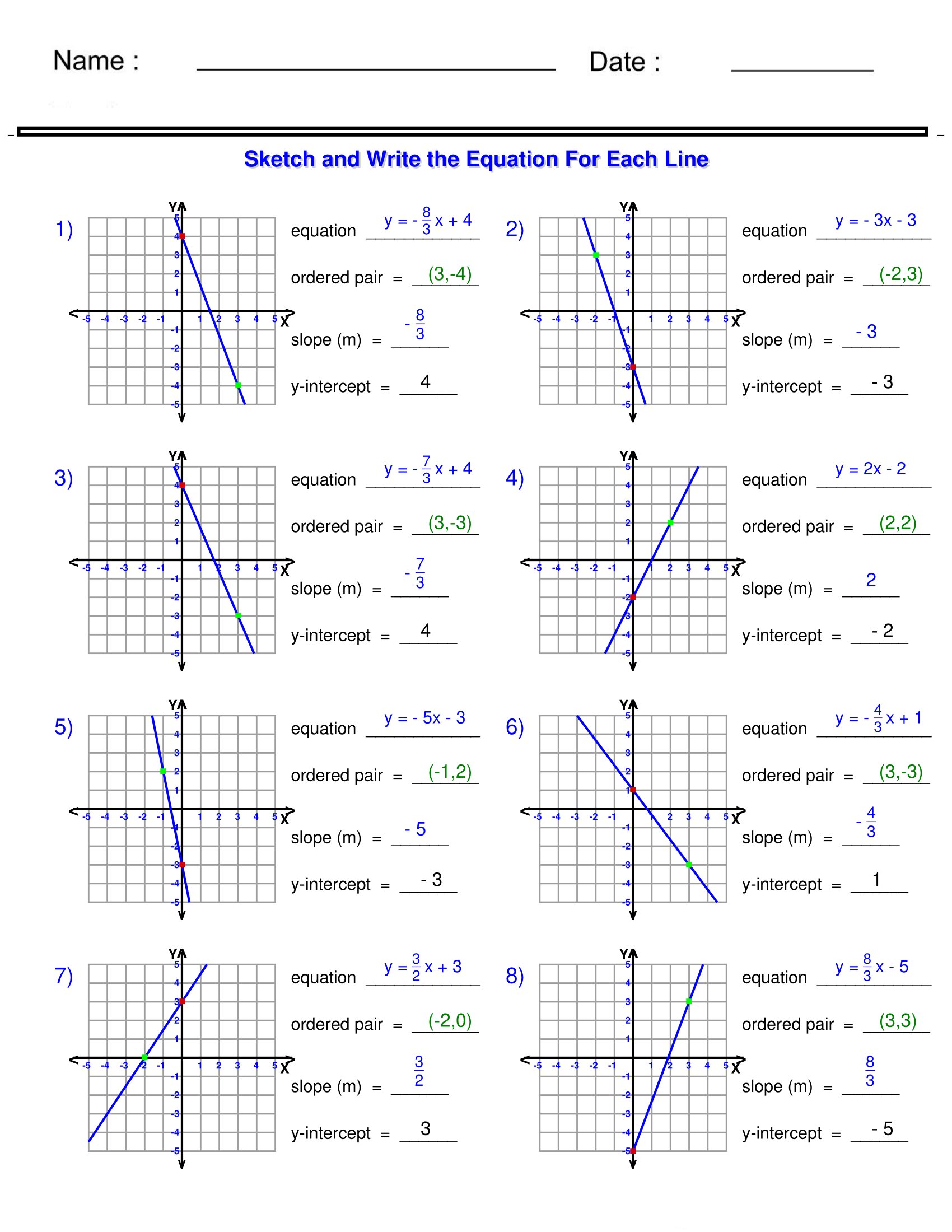 Linear Functions - Graphing Lines Given Y-intercept and an Ordered Pair ...
