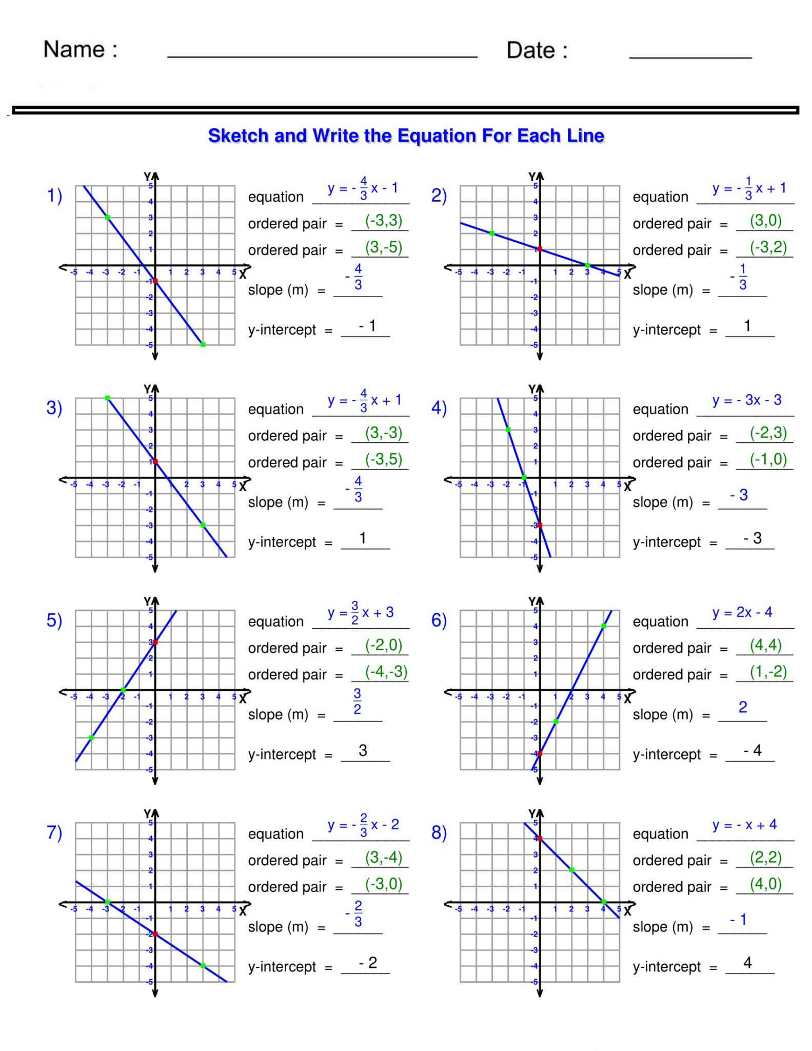 Linear Equations - Graphing Lines Given Two Ordered Pairs Worksheets ...
