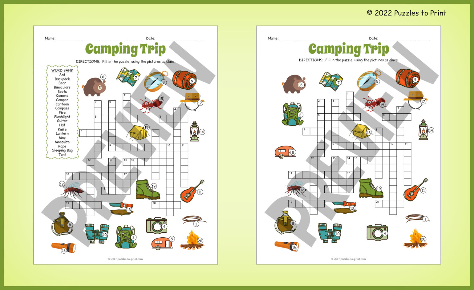 CAMPING DAY THEME Crossword Puzzle Worksheet Activity | Made By Teachers