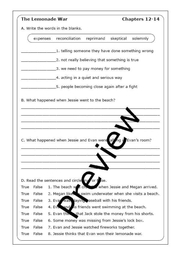 Jacqueline Davies "The Lemonade War" worksheets | Made By Teachers