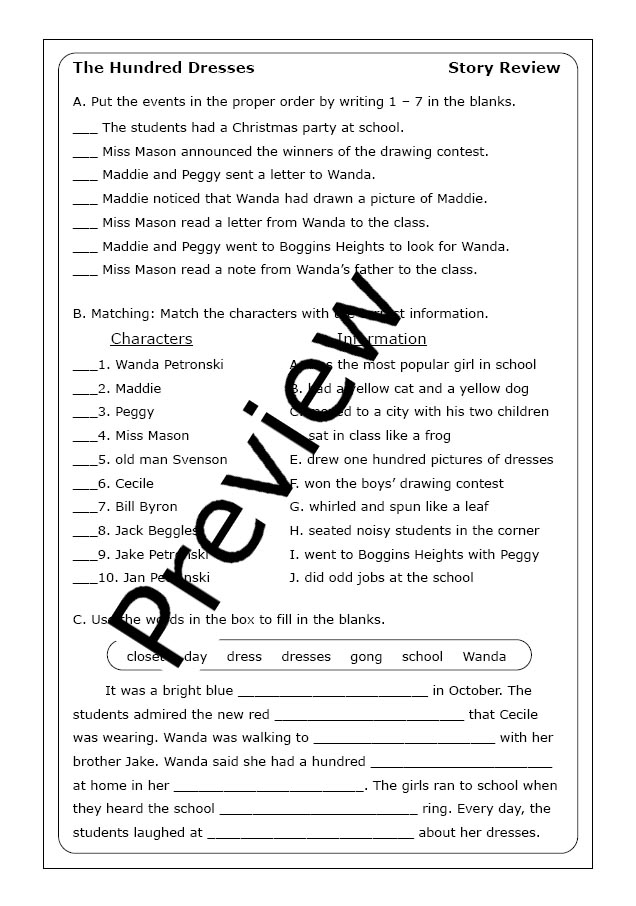 Eleanor Estes "The Hundred Dresses" worksheets | Made By Teachers