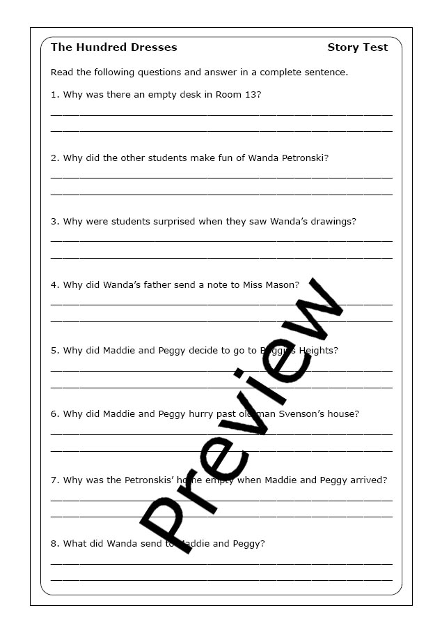 Eleanor Estes "The Hundred Dresses" worksheets | Made By Teachers