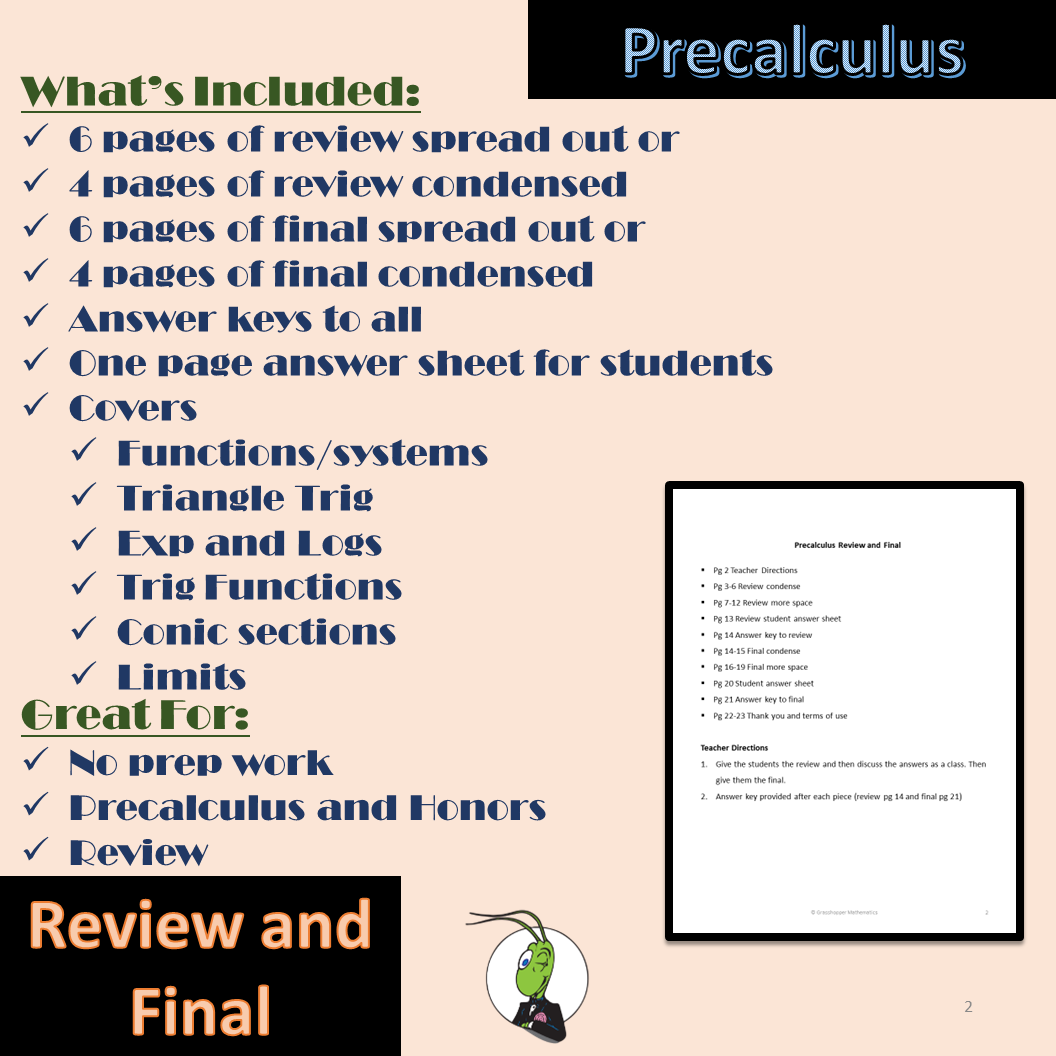 Precalculus Final Exam and Review | Functions | Exp. Logs | Trig ...