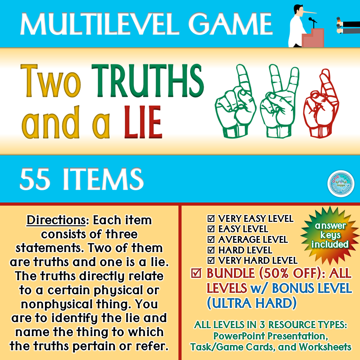 Two Truths And A Lie Multilevel Game with Bonus Files Made By Teachers