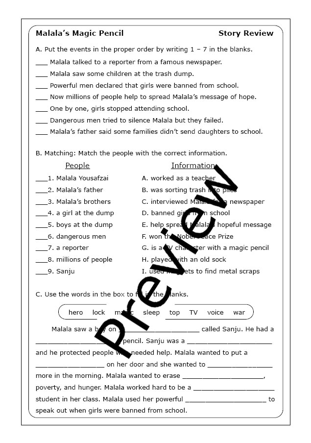 Malala Yousafzai "Malala's Magic Pencil" worksheets | Made By Teachers