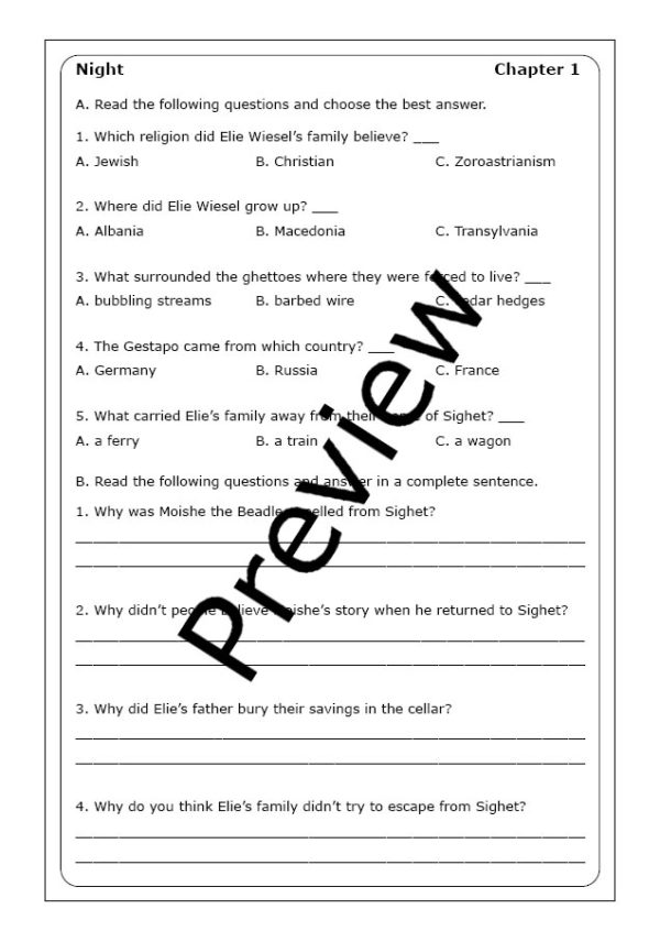 Elie Wiesel "Night" worksheets | Made By Teachers