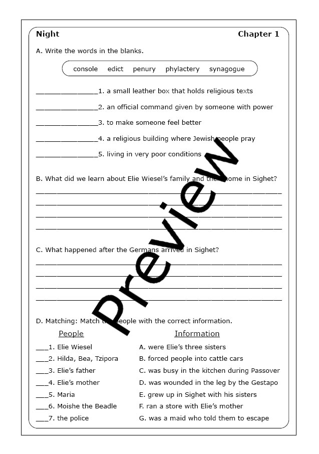 Elie Wiesel "Night" worksheets | Made By Teachers