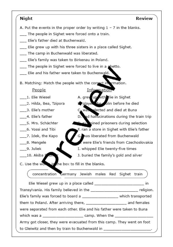 Elie Wiesel "Night" worksheets | Made By Teachers
