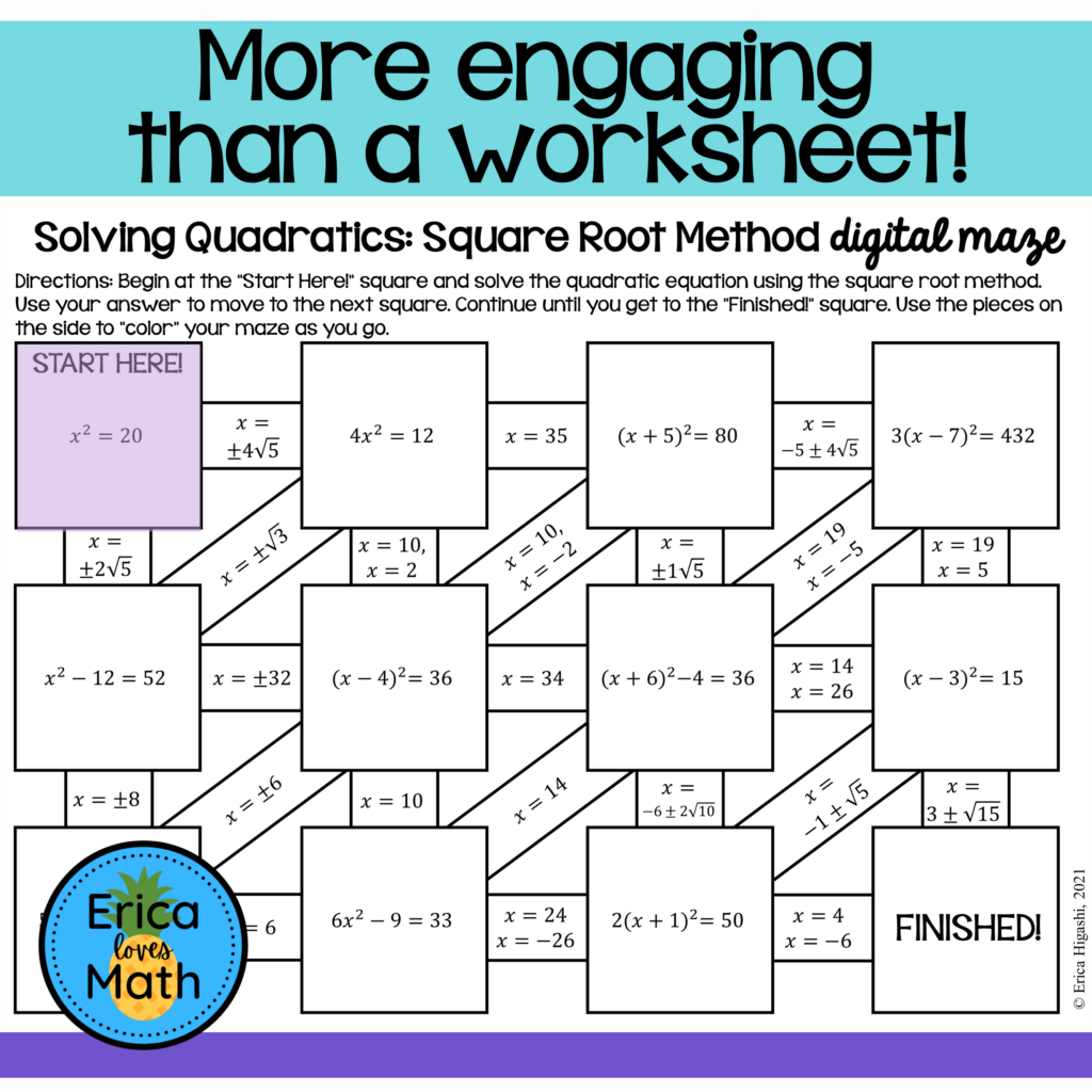 Solving Quadratic Equations by Square Root Method Digital Activity Maze ...