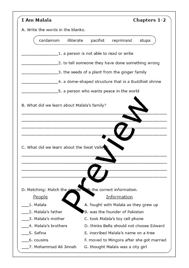 "I Am Malala" (Young Readers Edition) worksheets | Made By Teachers