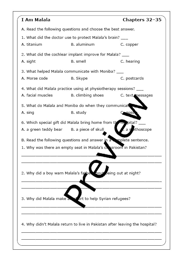 "I Am Malala" (Young Readers Edition) worksheets | Made By Teachers