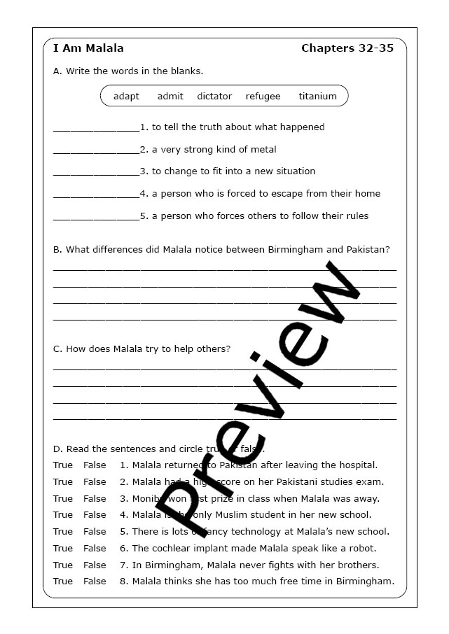 "I Am Malala" (Young Readers Edition) worksheets | Made By Teachers