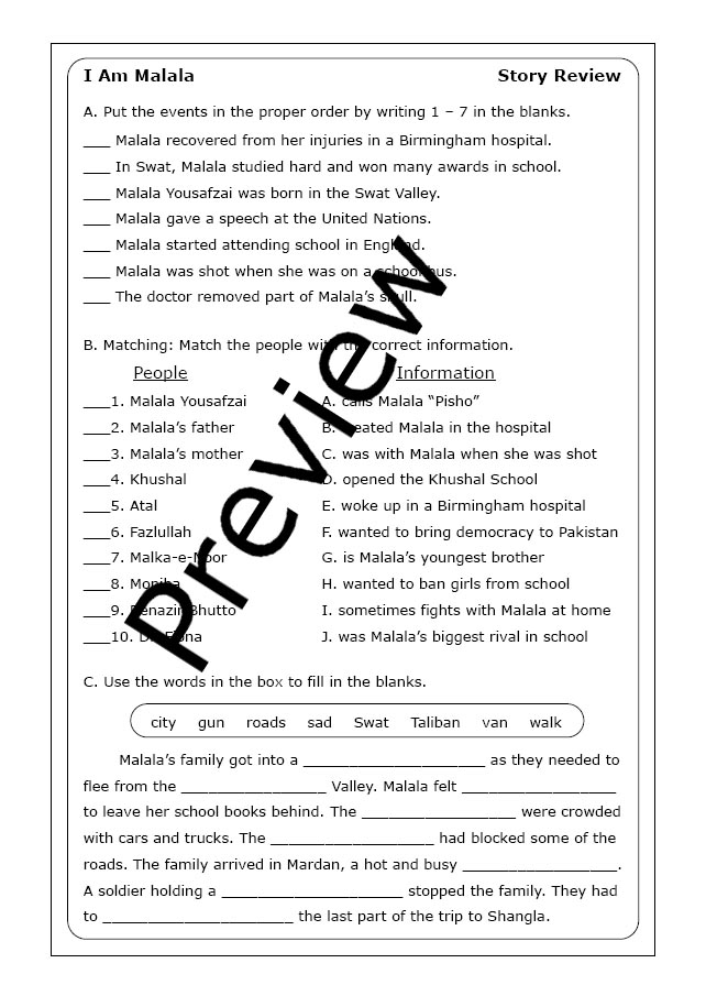 "I Am Malala" (Young Readers Edition) worksheets | Made By Teachers
