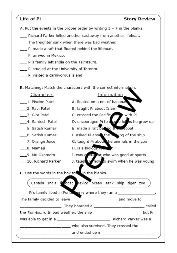 Yann Martel "Life of Pi" worksheets | Made By Teachers