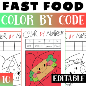 Fast Food Editable Color By Code Worksheets Activity, Fast Food Color ...