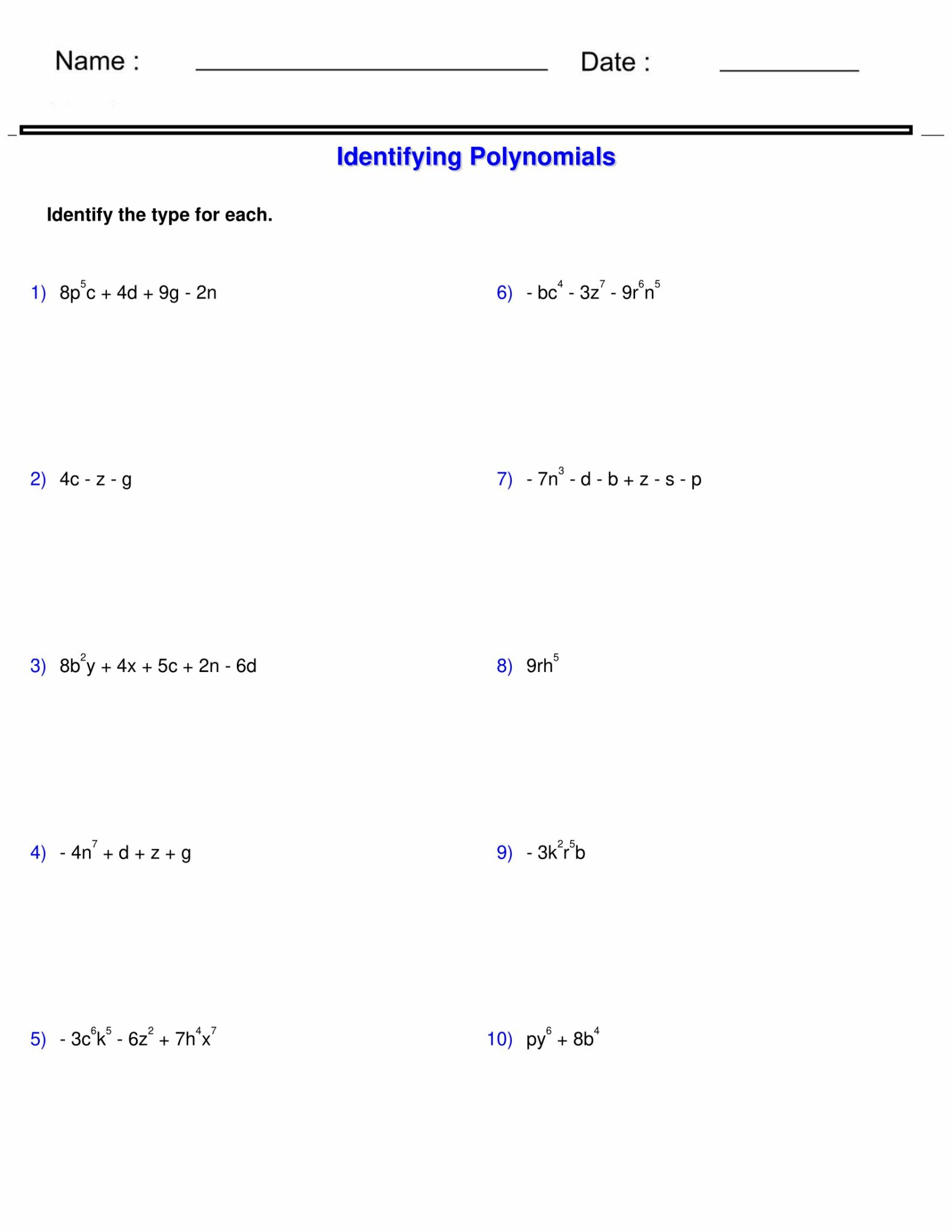 Monomials and Polynomials Worksheets - Identifying Type of Polynomials ...