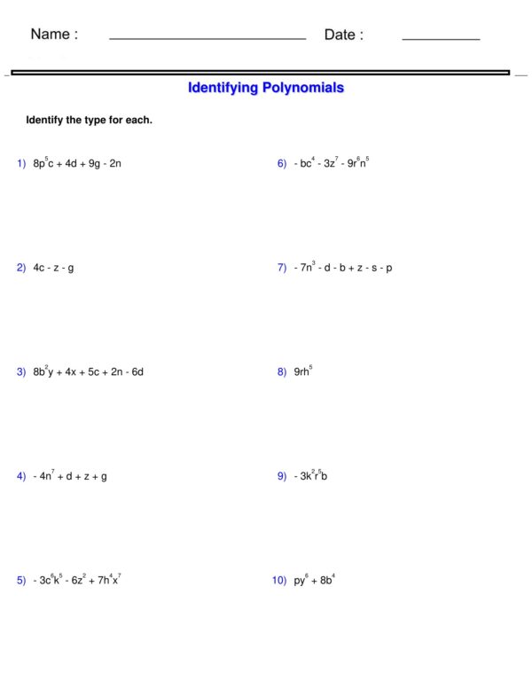 Monomials and Polynomials Worksheets - Identifying Type of Polynomials ...